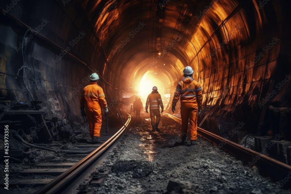 A Team of Construction workers wearing safety gear working underground ...