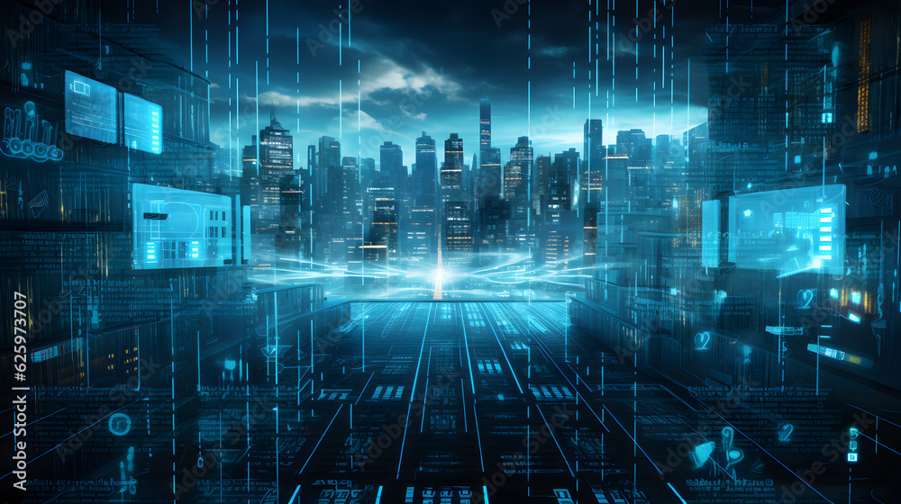 Cyber security as an image. Data analytics, AI, complex informations ...