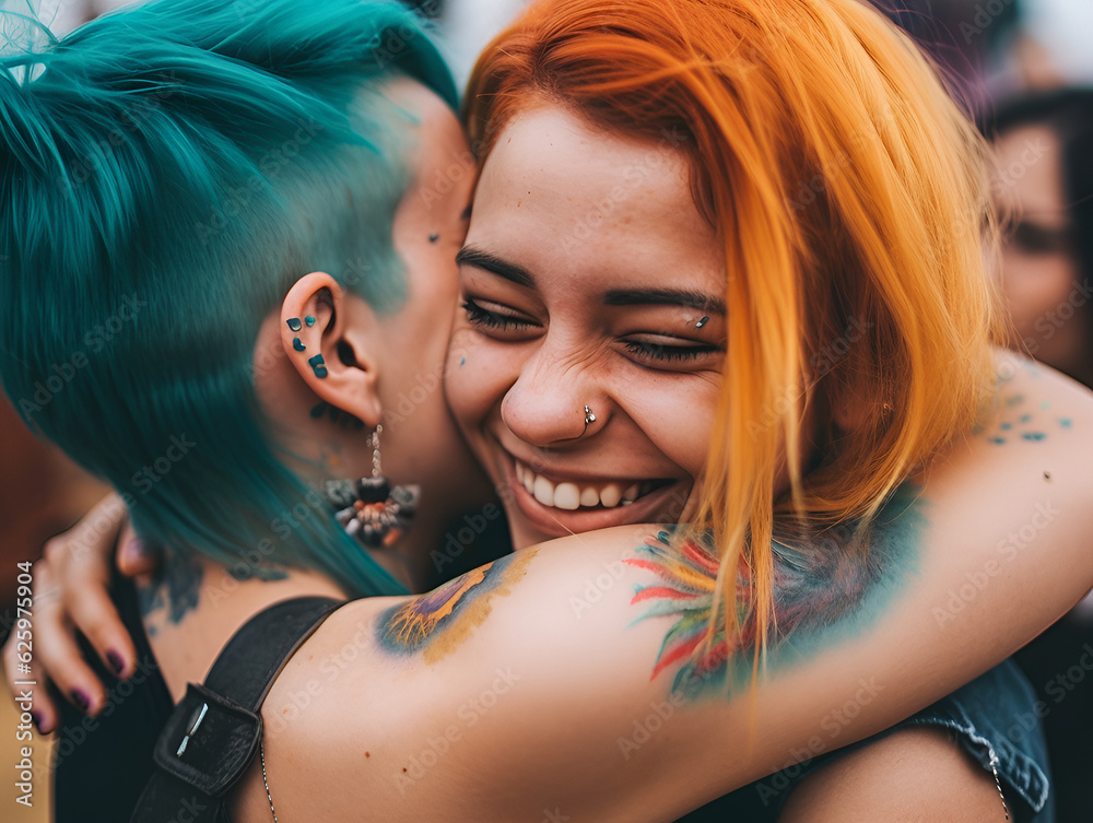Women Lgbt couple lover hugging happiness Colorful hair tattoo girl ...