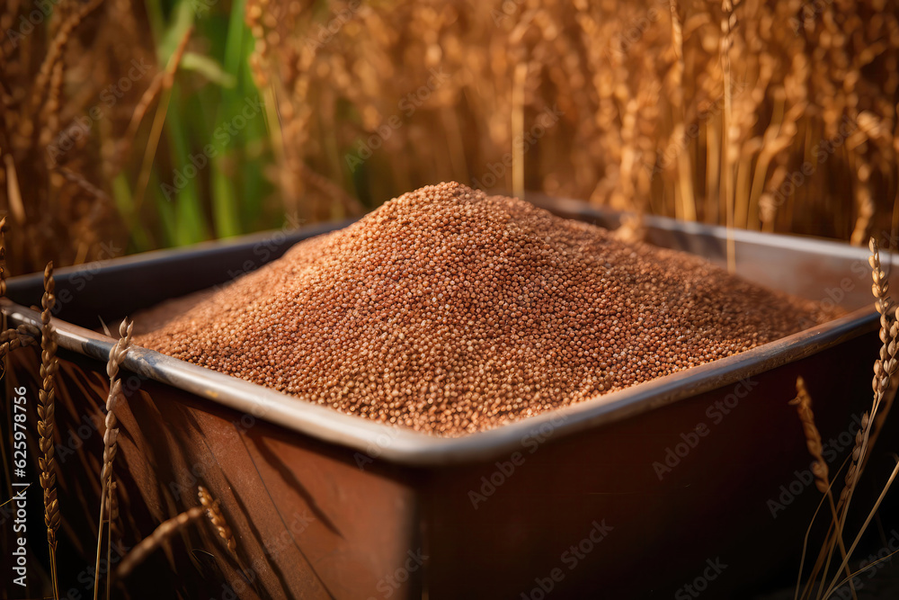 Teff Grains In Container On Teff Crop Background. Generative AI Stock ...