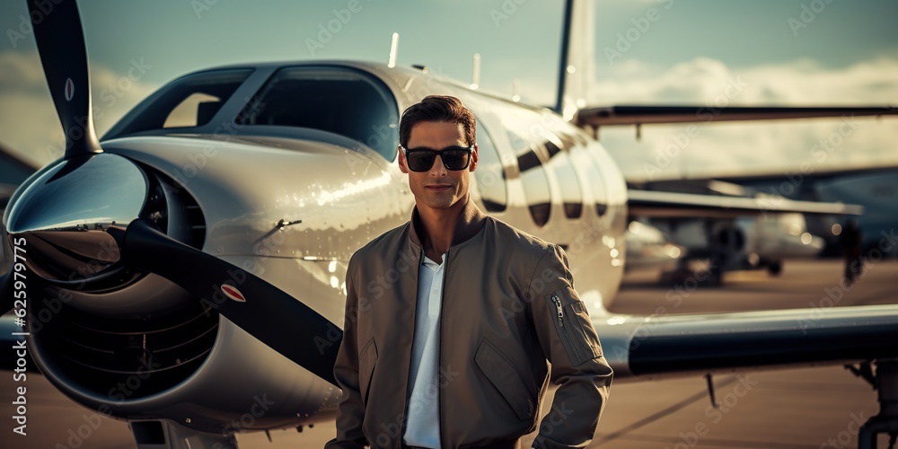 The pilot of a small private modern aircraft stands proudly in front of ...