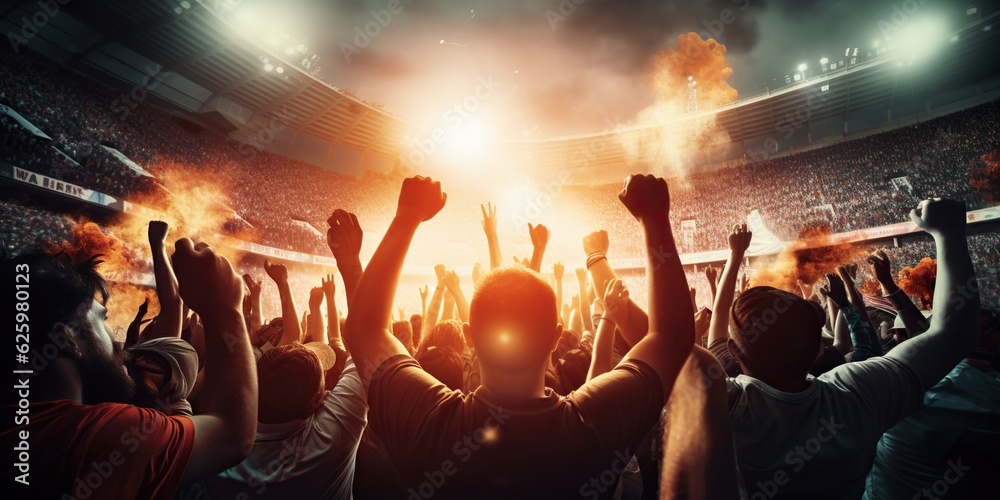 In a soccer stadium, lights illuminate the exuberant scene as fans ...