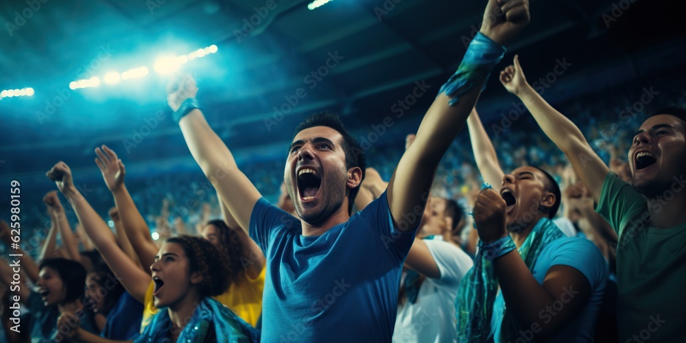 In a soccer stadium, lights illuminate the exuberant scene as fans ...