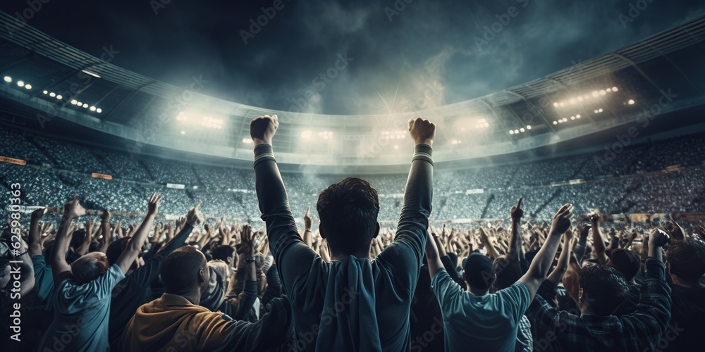 In a soccer stadium, lights illuminate the exuberant scene as fans ...