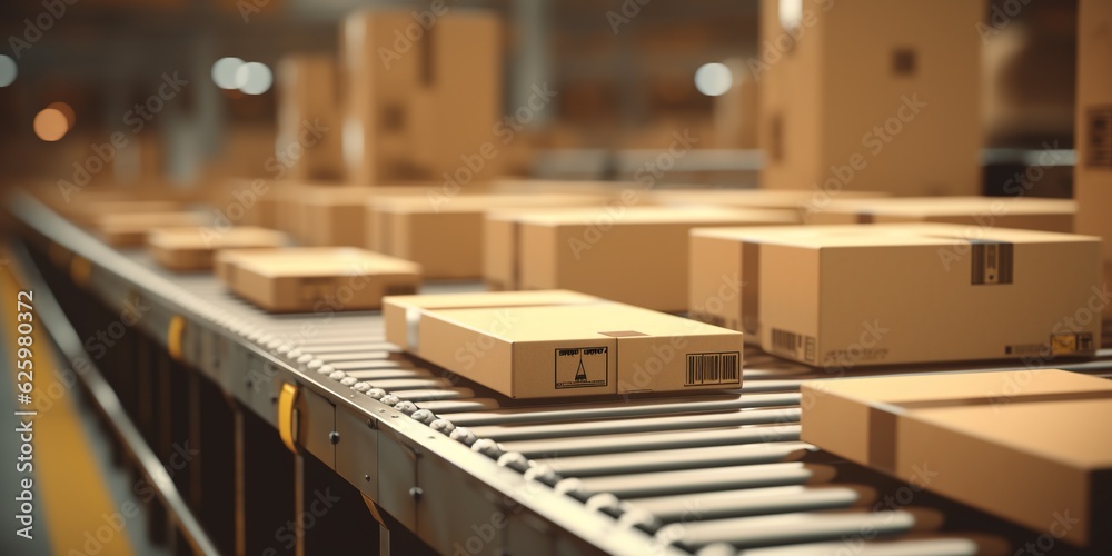 multiple cardboard box packages moving along a conveyor belt in a ...