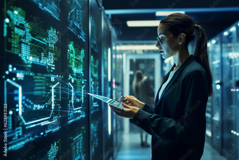 Data Center Female Programmer Using Laptop Computer, Maintenance IT Specialist. In Cloud ...