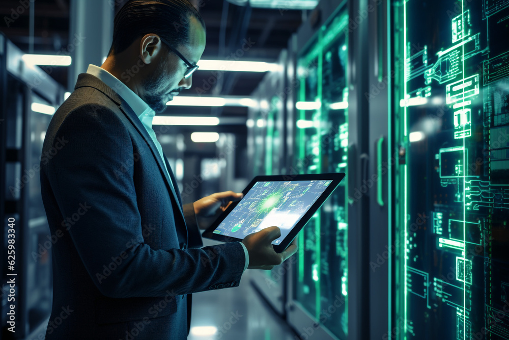 Data Center Man Programmer Using Laptop Computer, Maintenance IT Specialist. In Cloud Computing ...