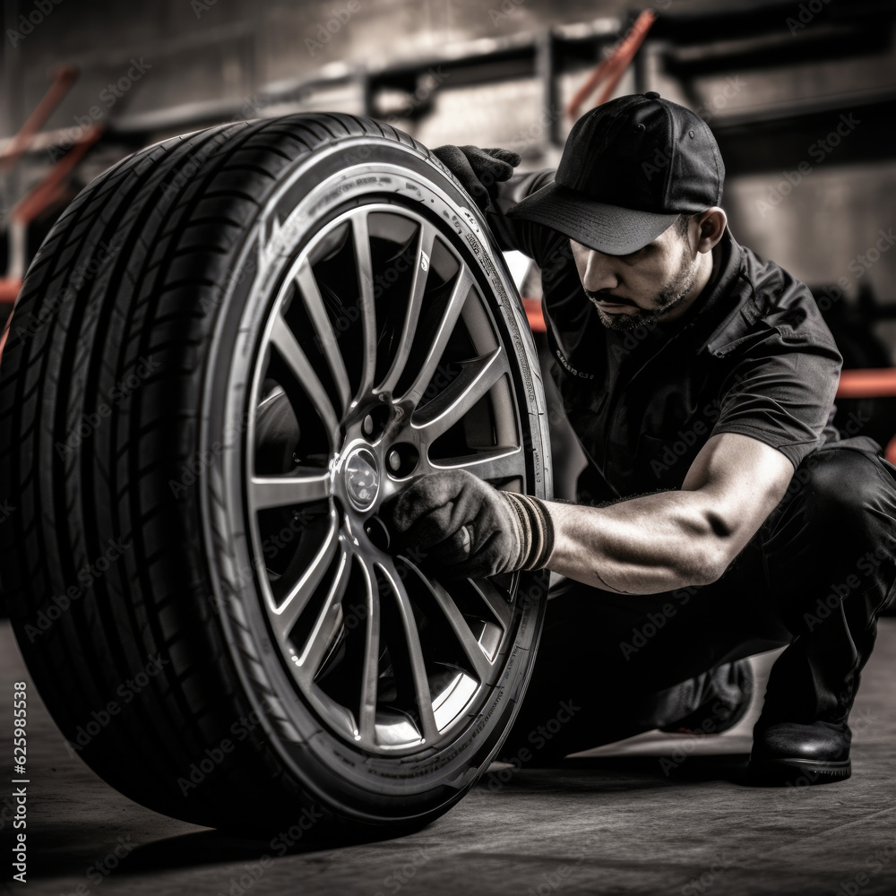 Car tire mechanic.Auto mechanic working in garage and changing wheel ...