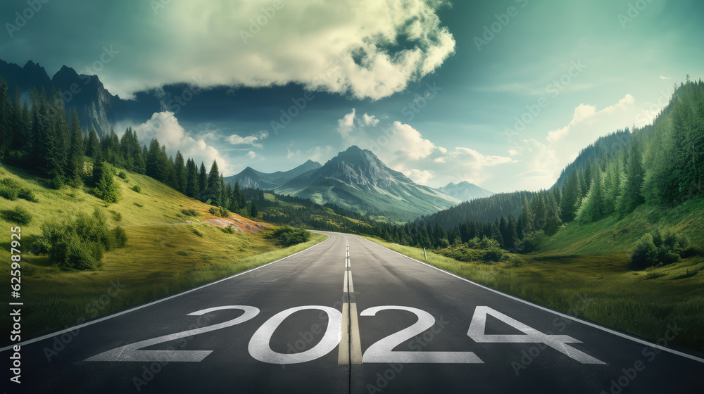 New year 2024 or straight forward road trip travel and future vision ...