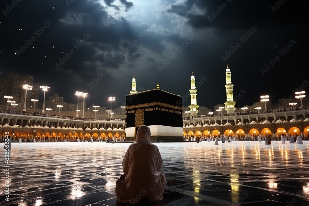 Man in pilgrim performing haj or umrah in front of kaaba, Mecca Stock ...