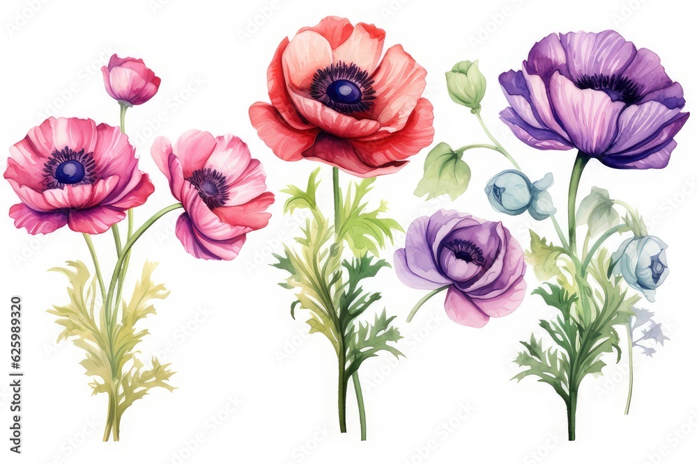 set of Watercolor Anemones leaf, watercolor Illustration isolated on ...