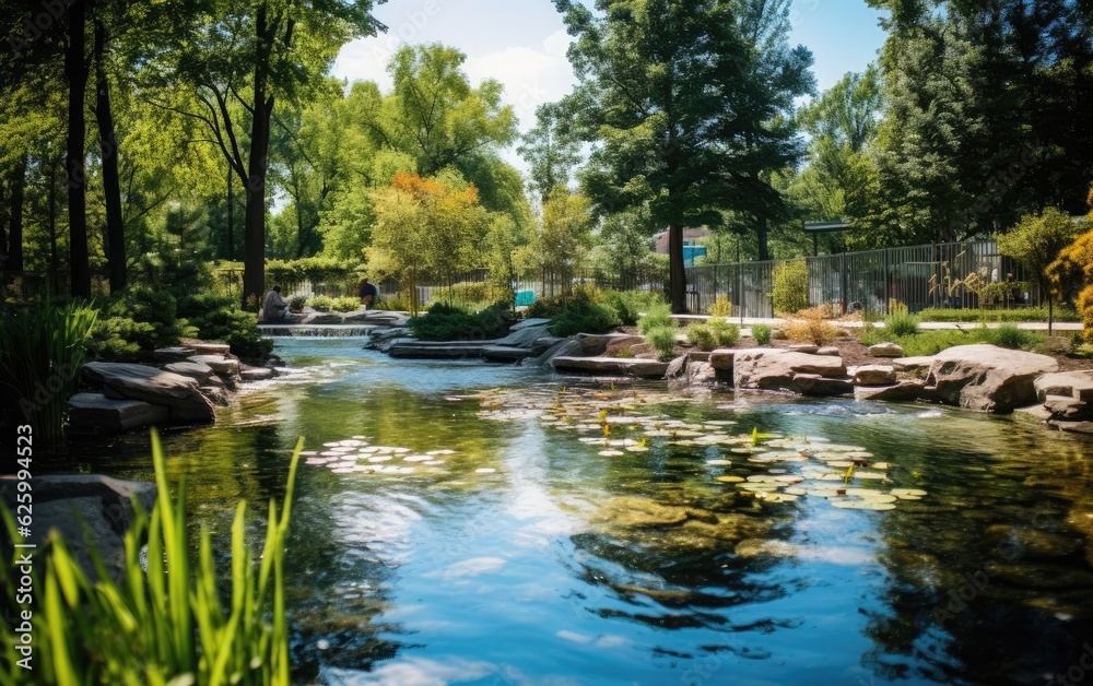 Pond or water feature in a city park, teeming with various aquatic ...