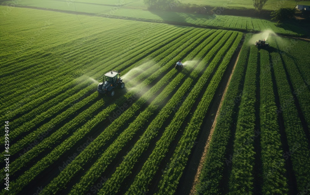 An aerial shot of a precision agriculture field, with farmers utilizing ...