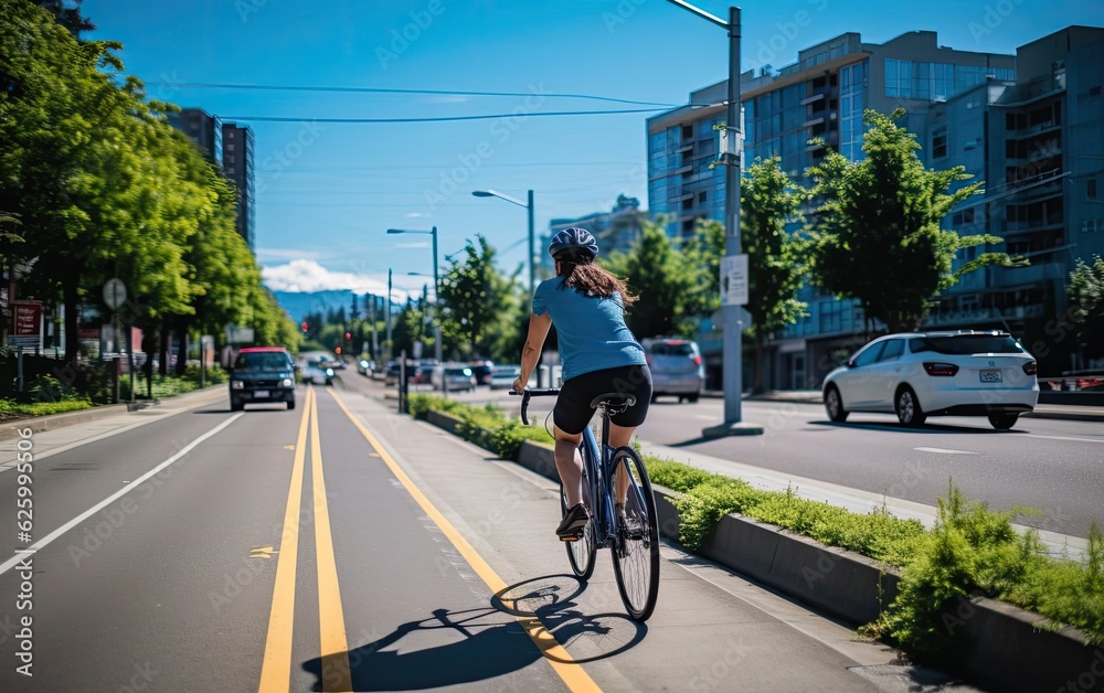 Green Commuting: A cyclist riding an electric bike on a dedicated bike ...