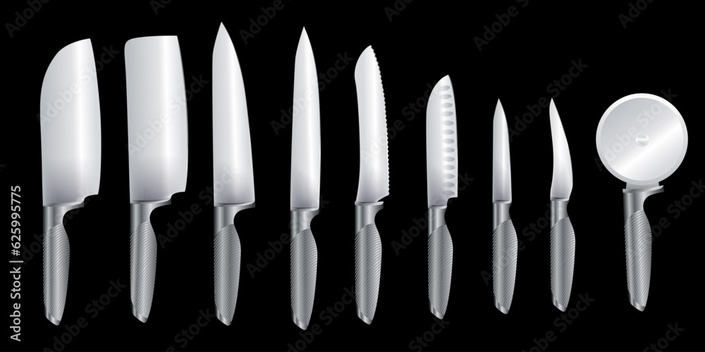 Kitchen knives hanging set isolated. meat chef cutting hatchet, cooking ...