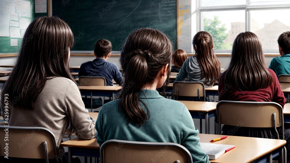 Engaging scene inside a classroom, viewed from behind, with students ...