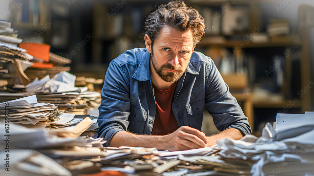 Sad and stressed employee in his office with a pile of documents and ...