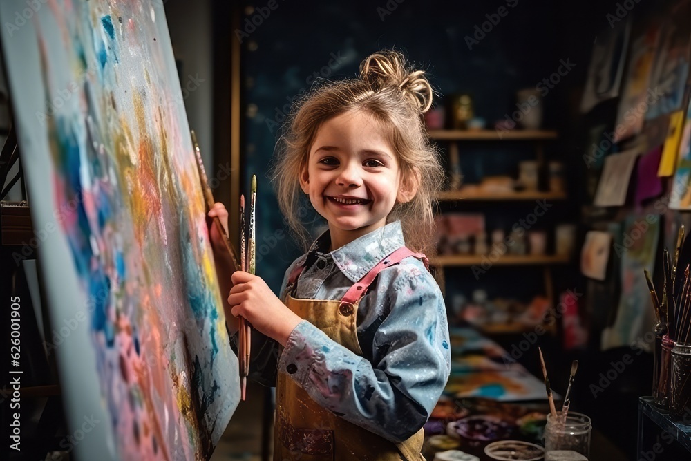 Cute little girl painting on canvas in art studio. Child drawing on ...