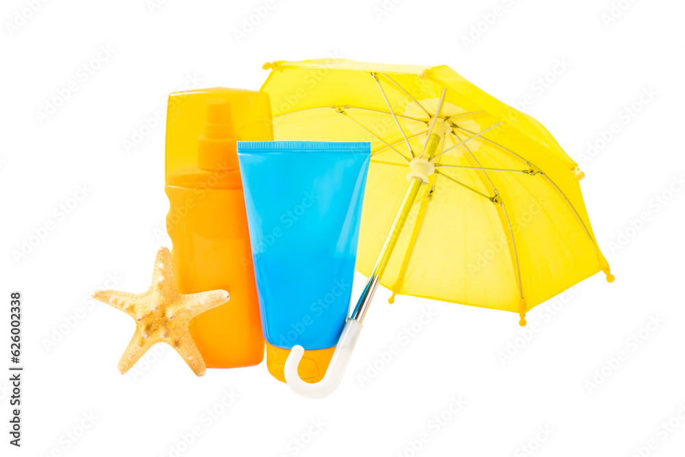 Sunscreen isolated on white background. SPF cream and sea shells, beach ...