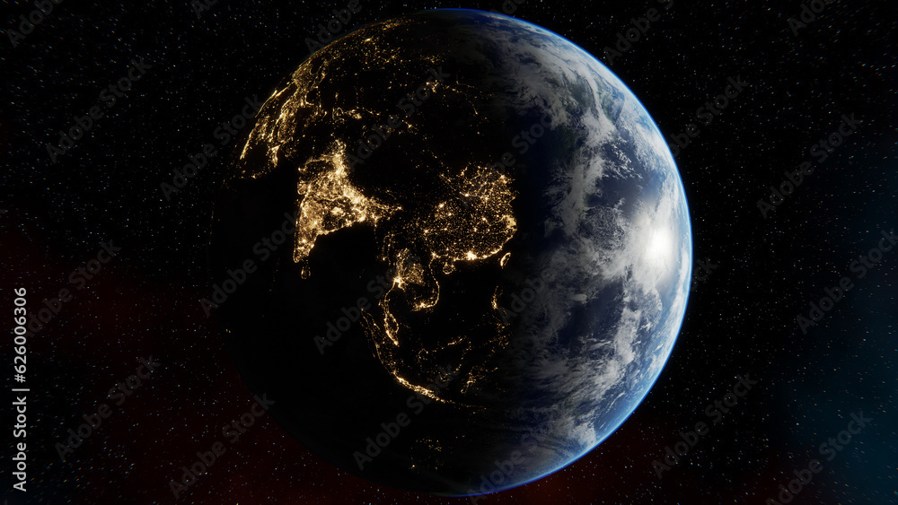 Earth view from space. Day and night cycle. Asia. Australia. Night ...