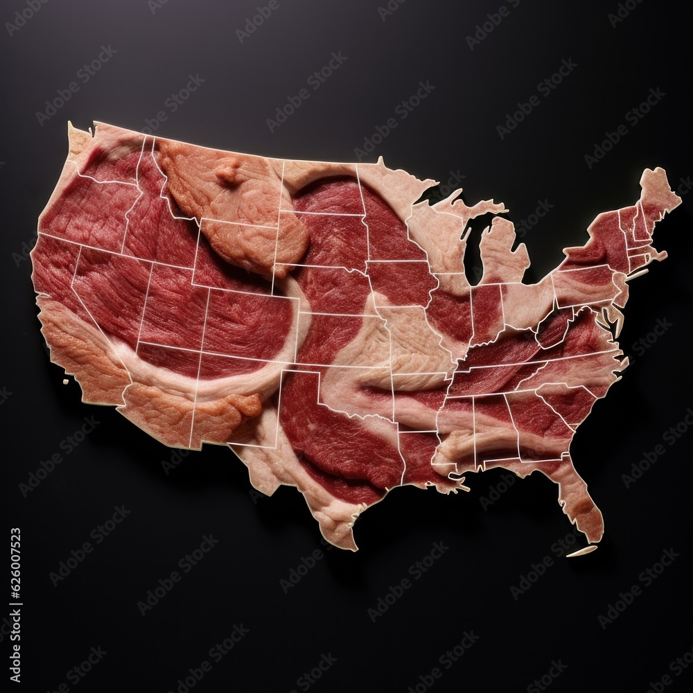 meat steack in shape of USA map, bife de carne no formato do mapa dos ...