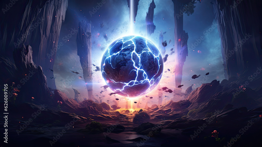 Surreal planet exploding in the middle of an alien landscape, epic ...