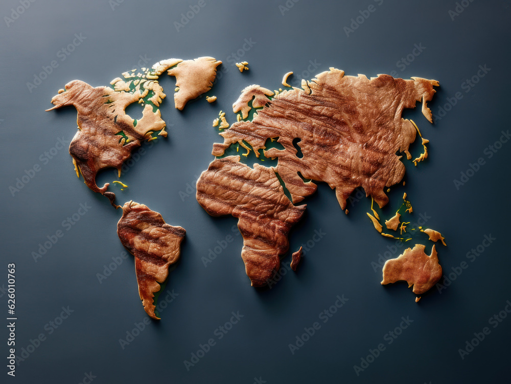 Global Meat Journey: Savoring Steak in World Map Shape, bife de carne ...