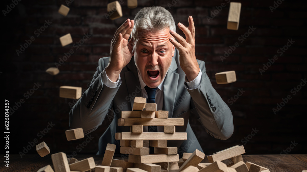 Model of business, made from wood blocks crash with businessman on the ...