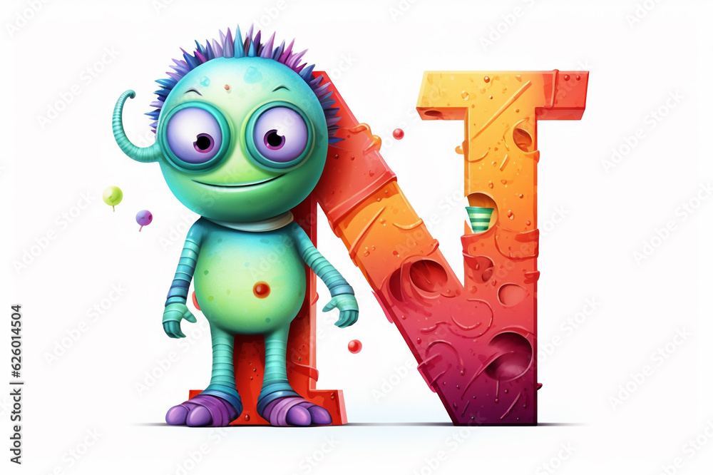 Colorful alien alphabet, uppercase letter N isolated on white ...