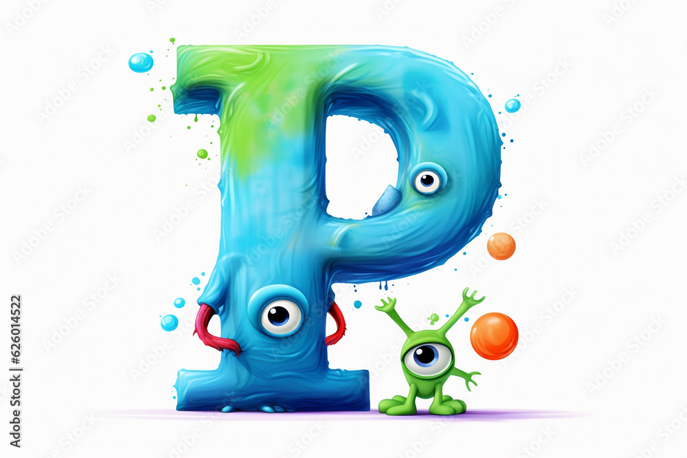 Colorful alien alphabet, uppercase letter P isolated on white ...