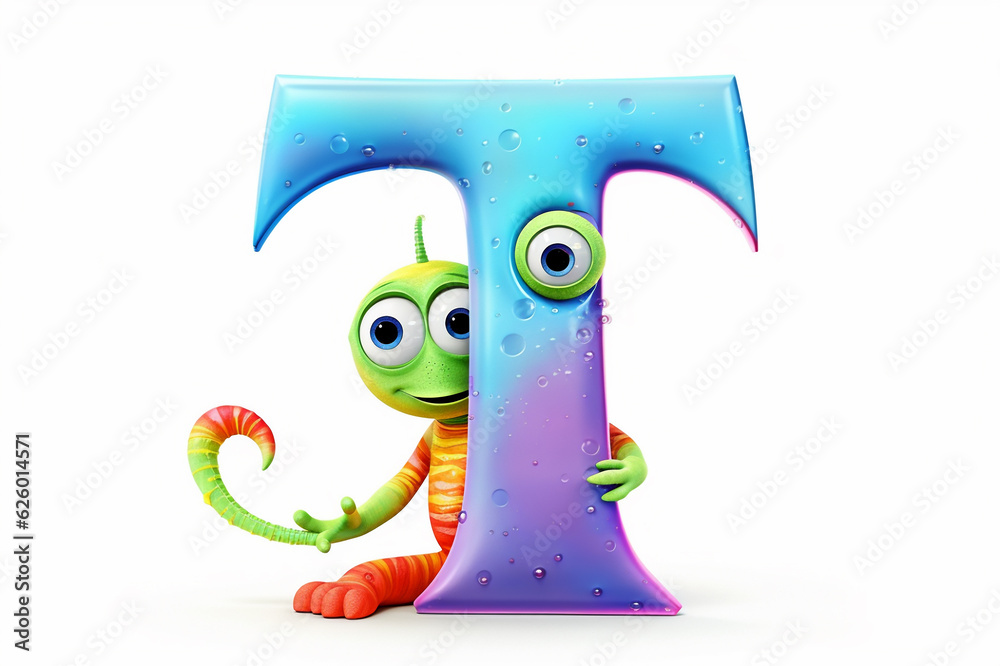 Colorful alien alphabet, uppercase letter T isolated on white ...
