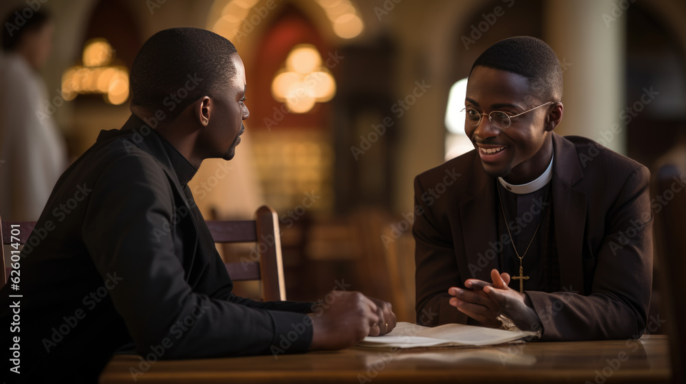 A priest in a church talking to a female parishioner. Created with ...