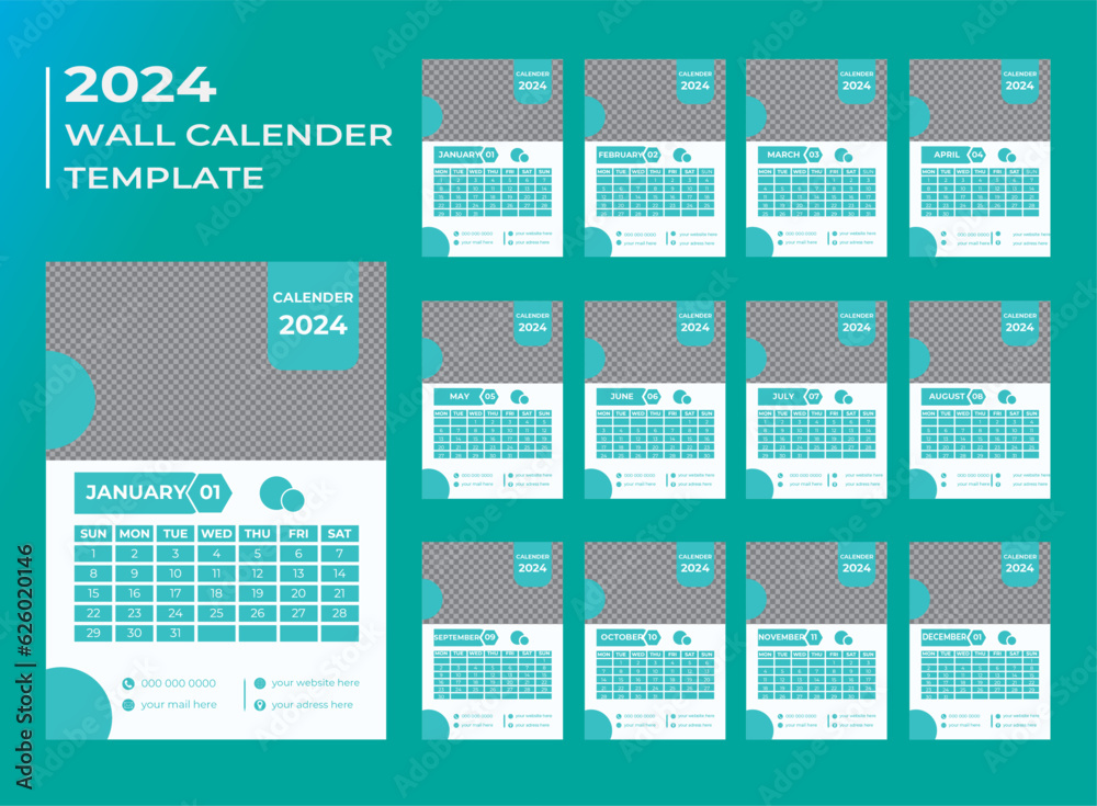 Calendar design template for 2024 with colorful abstract art background ...