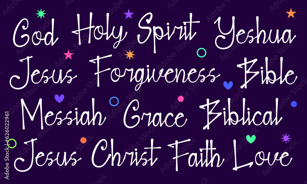 Collection of Christian words. Christian set of spiritual words. Purple ...