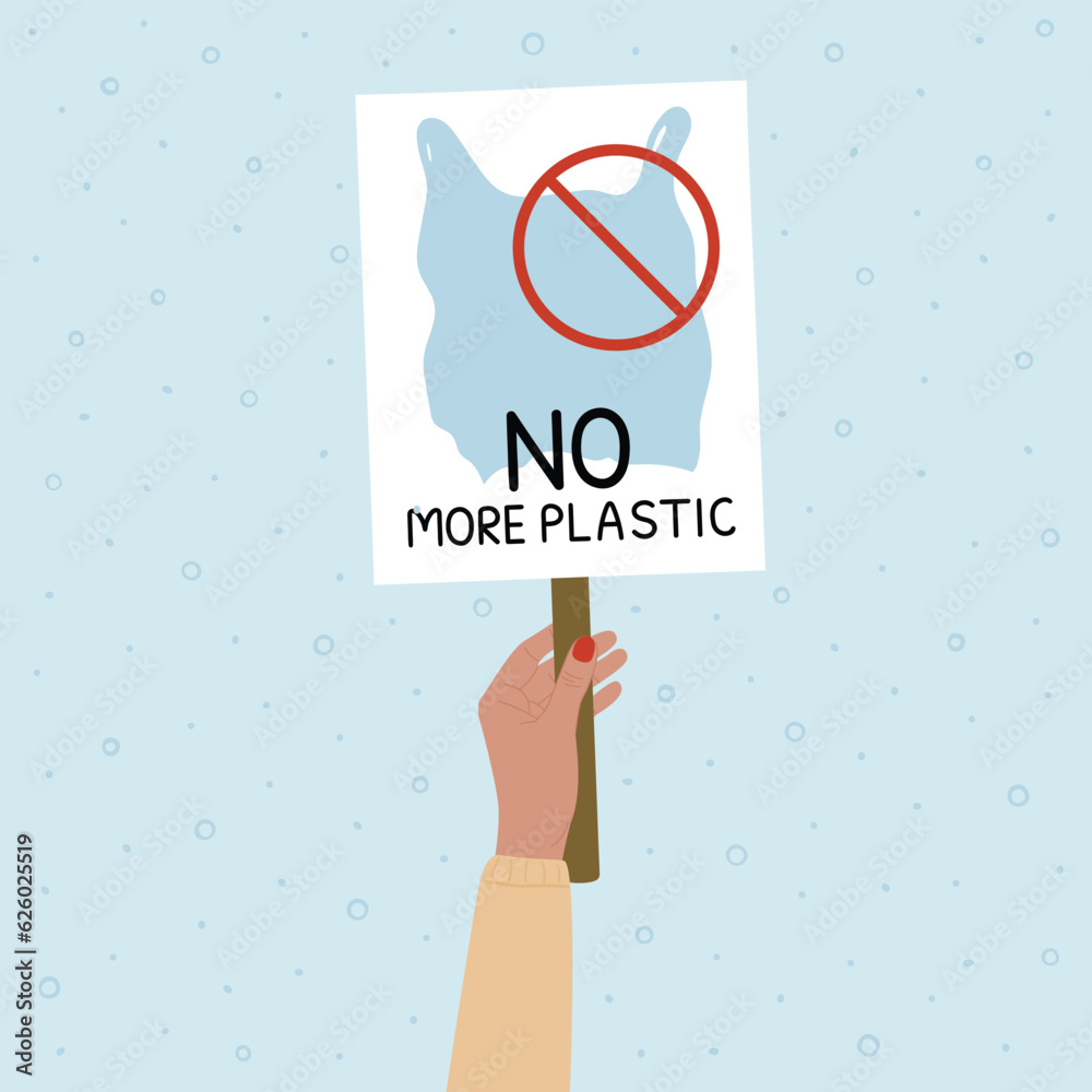No more plastic poster with banned single use plastic bag on placard in ...