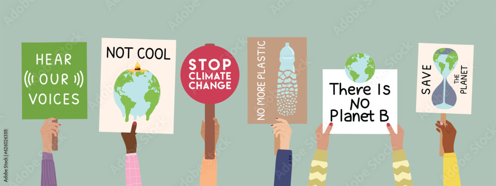 Protest strike against climate change and global warming. Set of human ...