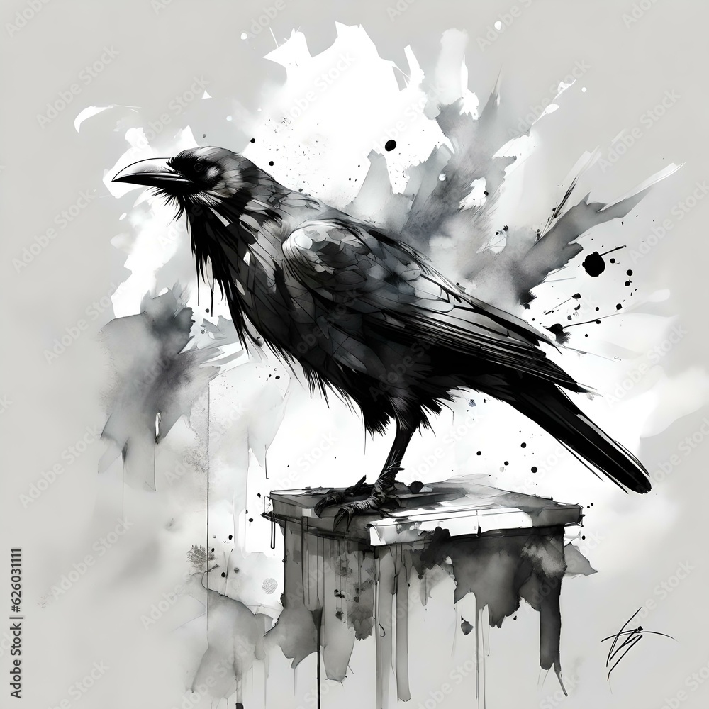 Ink drawing of a raven, side profile, moden ao Dai, full body, Peter ...