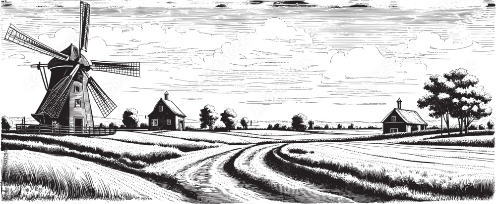 Old windmill and field with haystacks , Hand-drawn sketch of a windmill ...