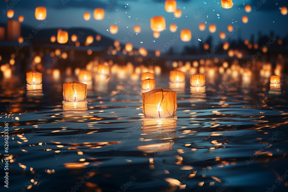 Paper lanterns float on dark water. Traditional Floating Lantern ...