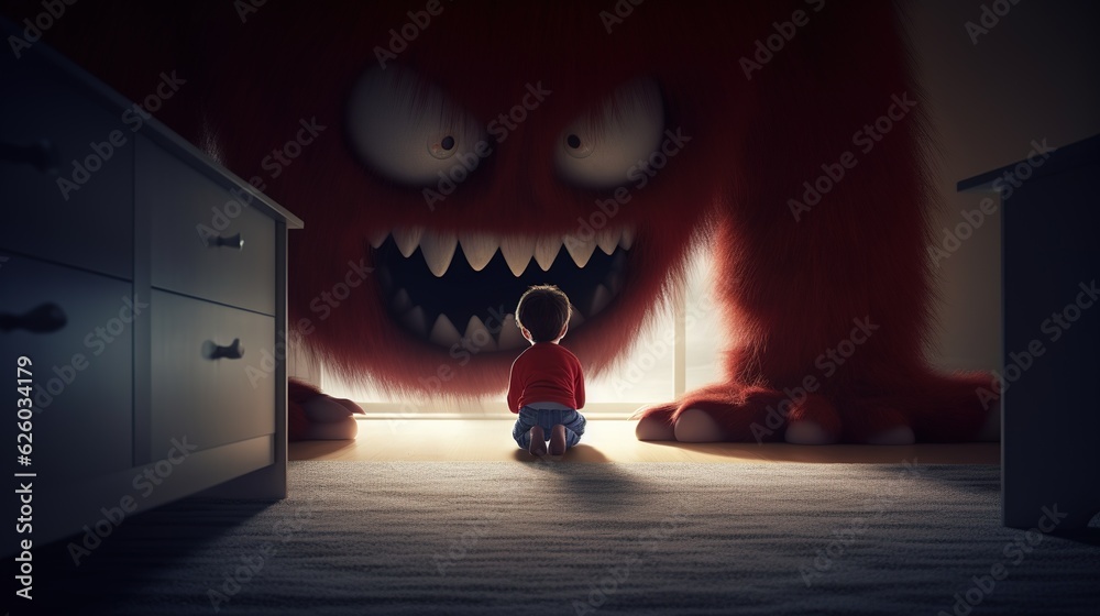 The boy saw a huge scary night monster with sharp teeth. Facing your ...