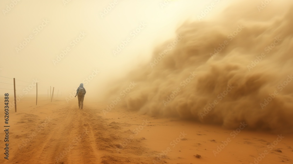 Man going into sandstorm. Dramatic sand storm in desert. Digital art ...