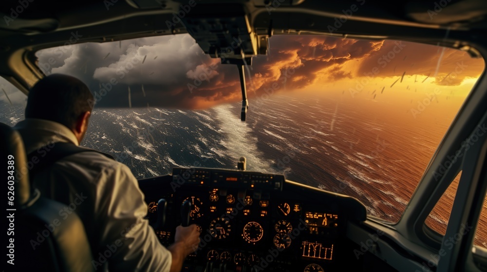 The pilot controls the aircraft. The control panel in the cockpit glows ...