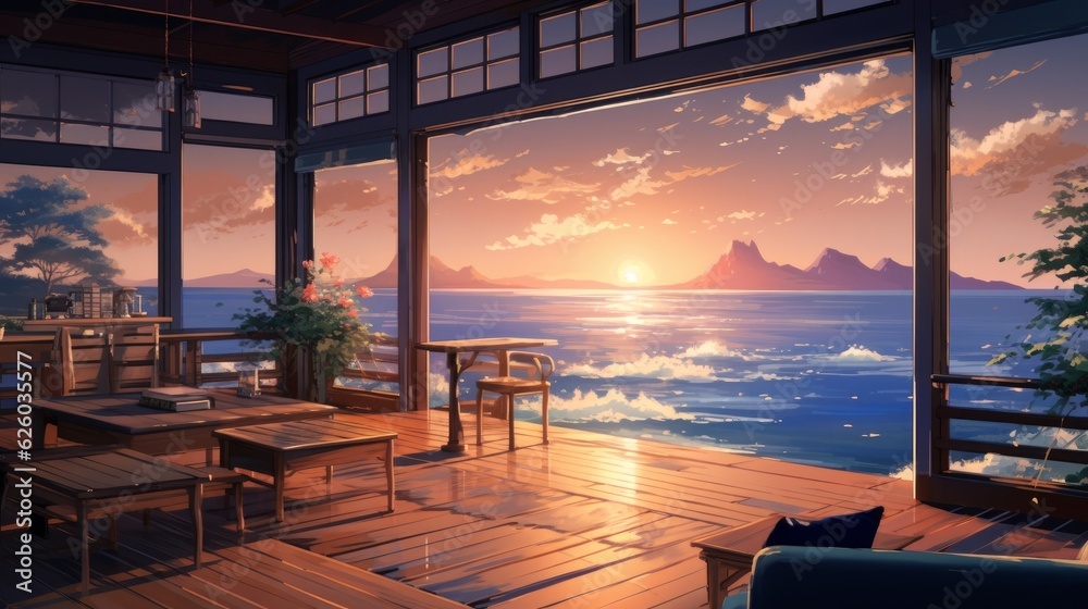 Foto de a beautiful japanese house interior at sea water in the evening ...