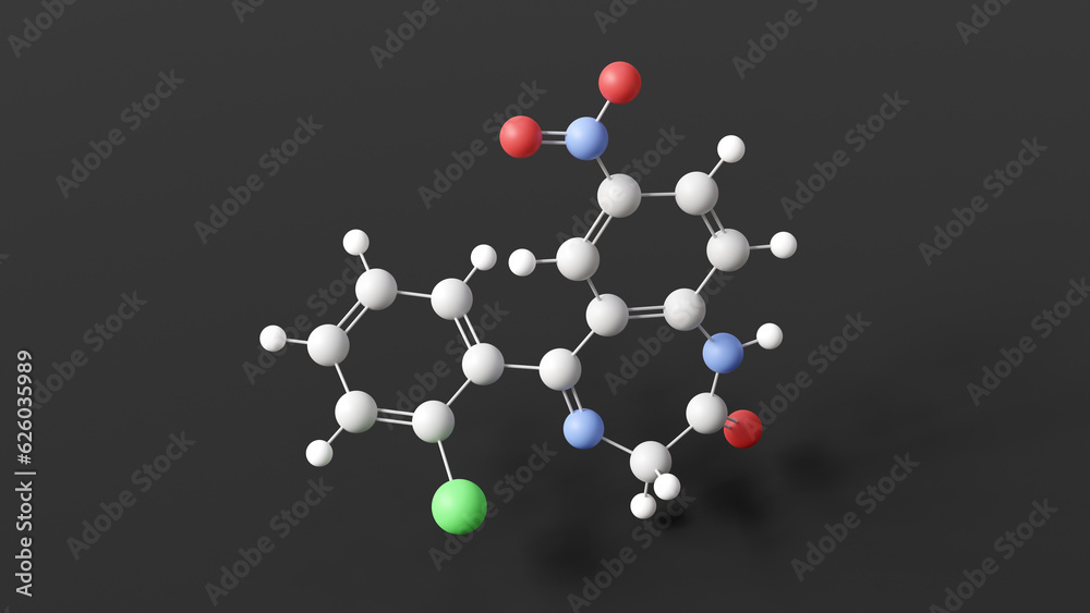 clonazepam molecule, molecular structure, benzodiazepines, ball and ...