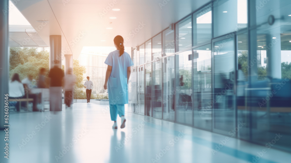 Blurred doctor woman walk fast movement in hospital with patients ...