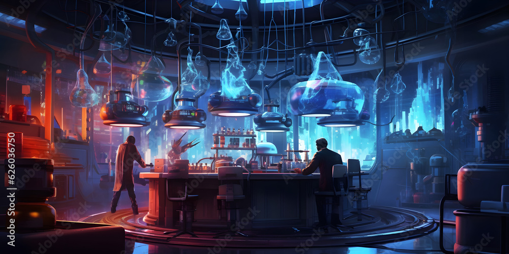 Futuristic laboratory with holographic displays and robotic assistants ...