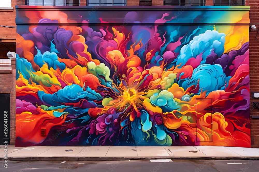 A vibrant street art mural adorning a city wall, a vibrant explosion of ...