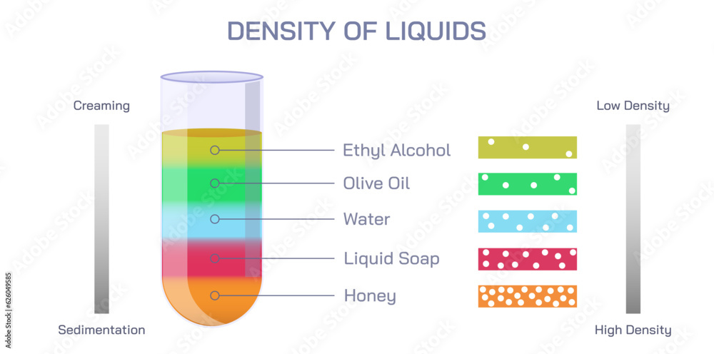 The Density of Liquids vector illustration. Creaming and sedimentation ...