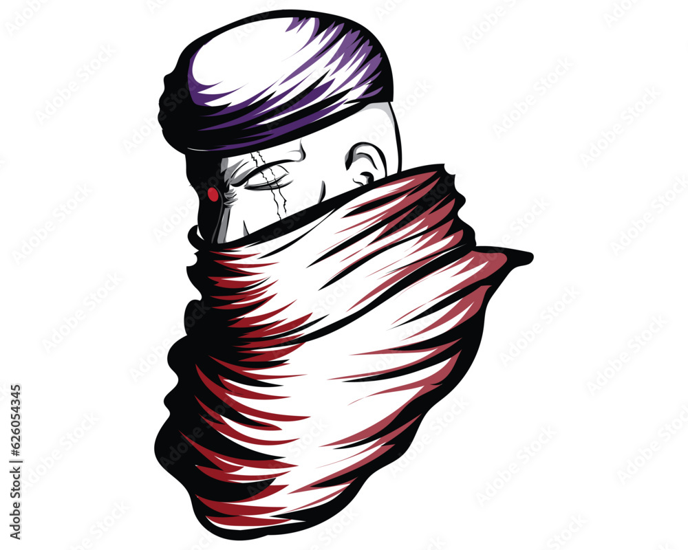 vector cartoon of a man with a purple turban-like head covering with a ...