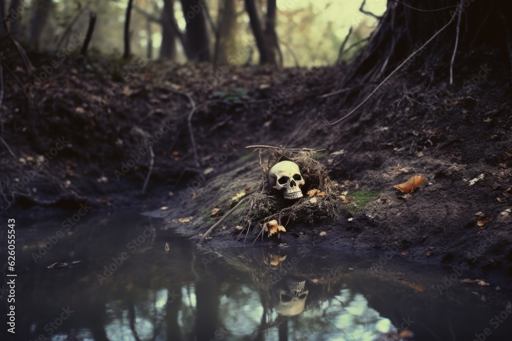 skull in a shallow grave in the misty dark horror forest. puddle of mud ...